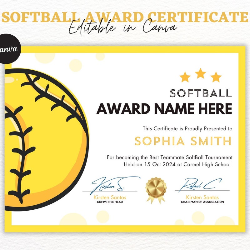 Softball Award Template - Etsy