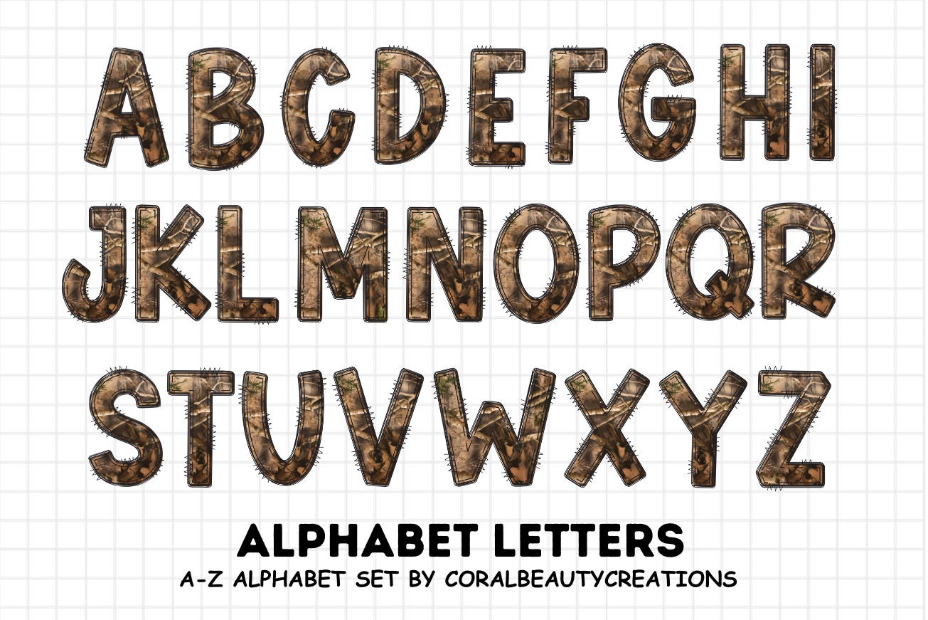 Camo Hunting Doodle Alphabet Letters PNG Bundle, Military Camouflage ...