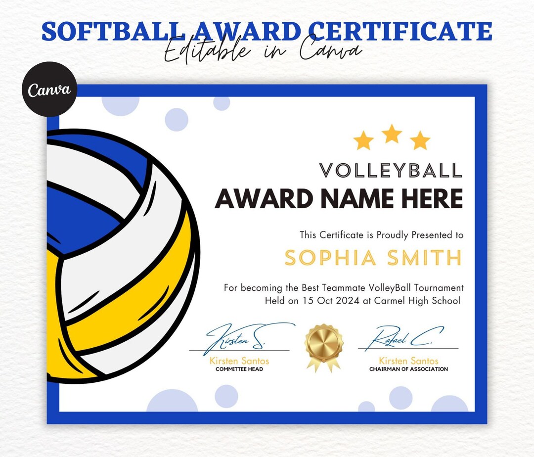 Volleyball Award Certificate, Volleyball Certificate, Printable Award ...