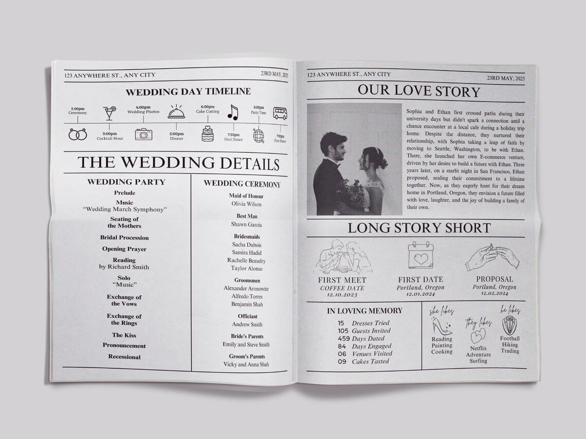 Newspaper Wedding Program Invitation Template | Infographic Photo ...