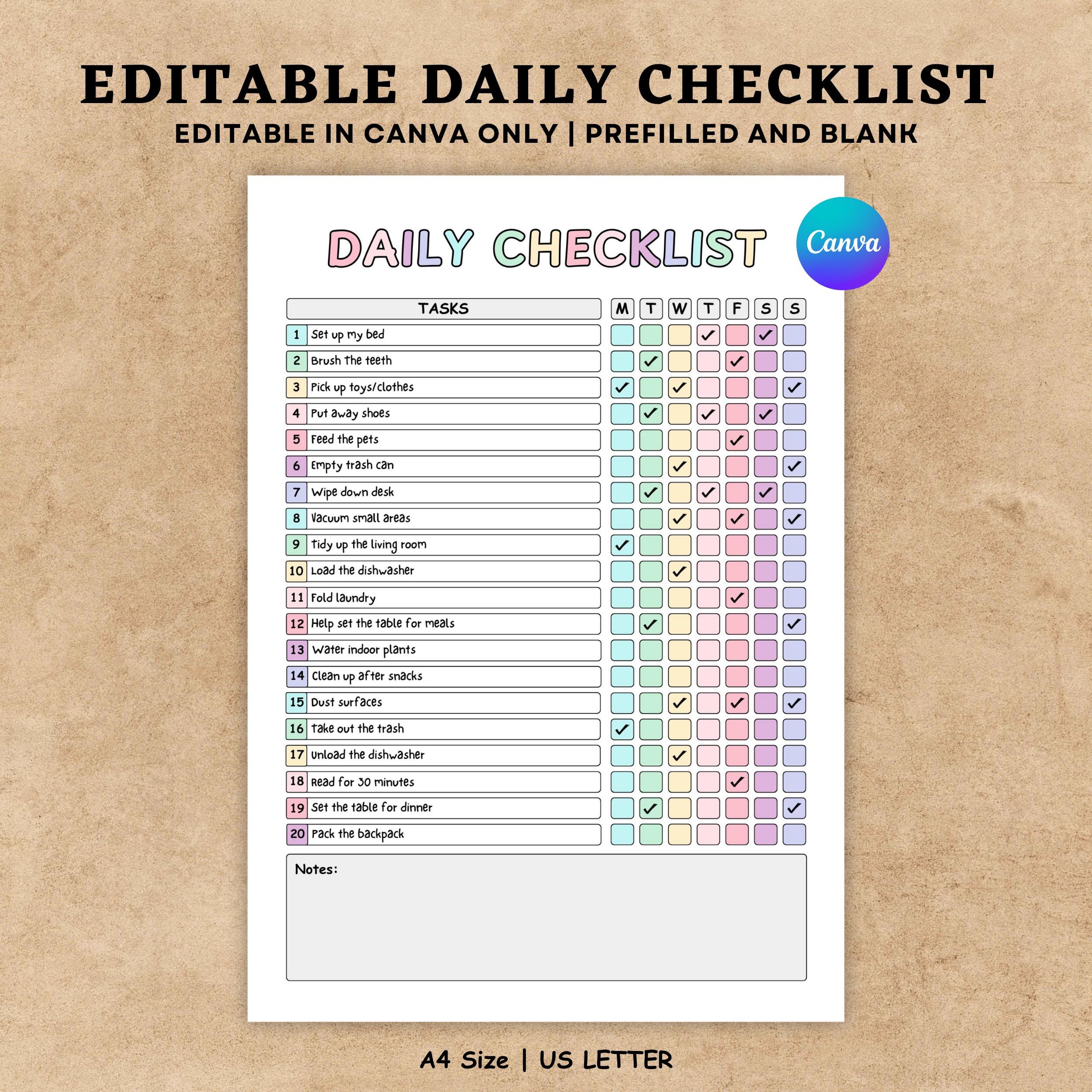 Daily Checklist Plan, Weekly Checklist Template, Daily Task Planner ...