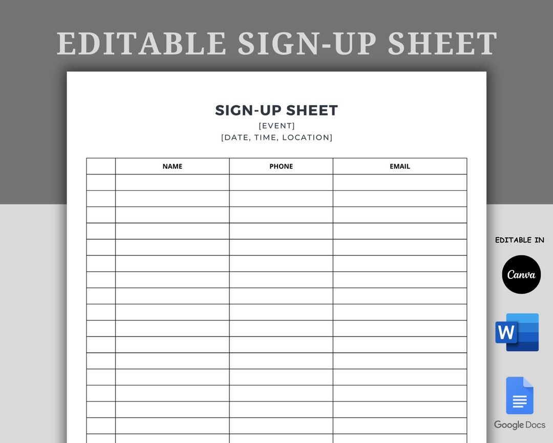 Editable Sign-up Sheet. Pdf/google Docs/microsoft Word. Sign up ...