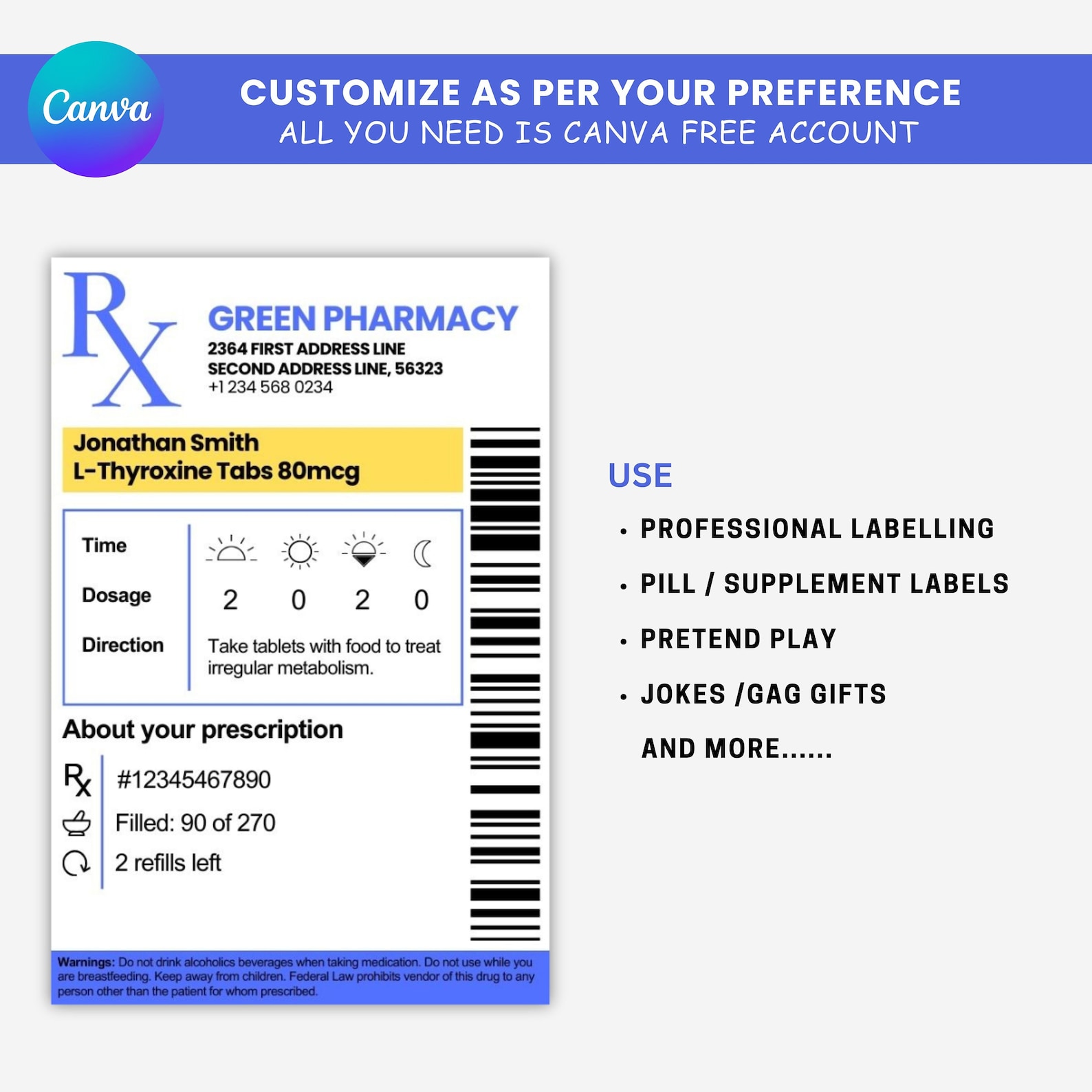 Prescription Label Template, Editable RX Bottle Label Template, Party ...
