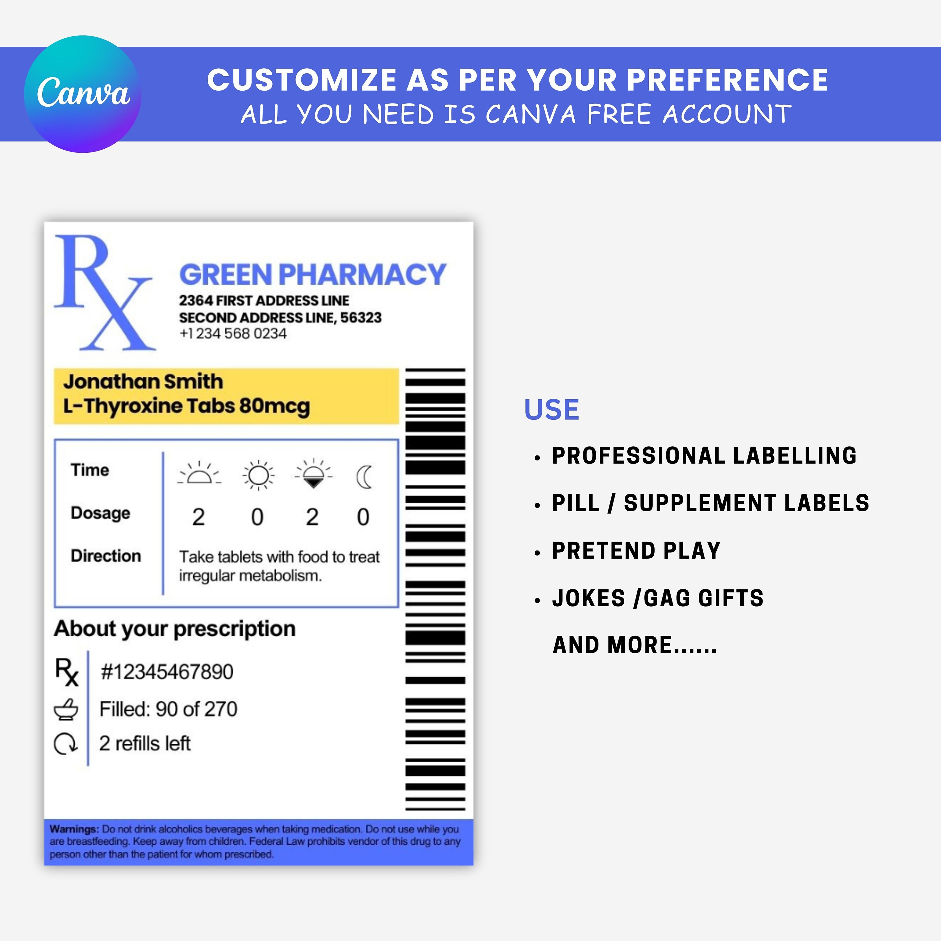 Prescription Label Template, Editable RX Bottle Label Template, Party ...