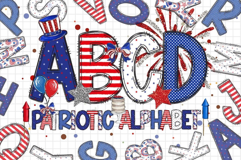 Patriotic Doodle Alphabet Bundle, 4th of July PNG Letters, Numbers ...