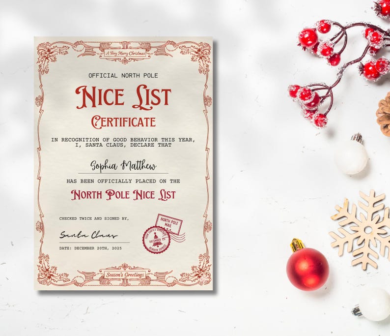 Editable Letter From Santa Vintage Themed Nice List Certificate Canva ...