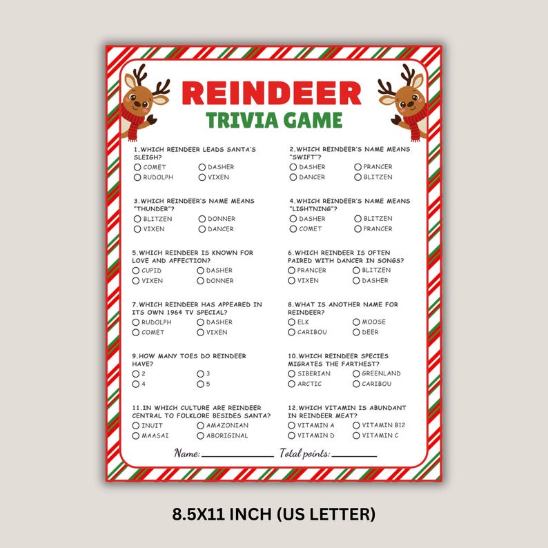 Reindeer Trivia Game, Printable Reindeer Quiz, Holiday Party Game ...
