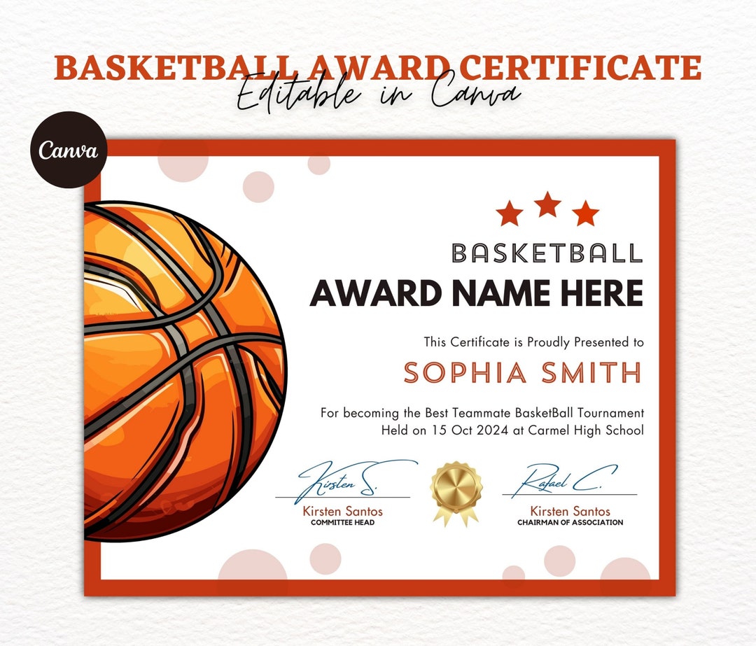 Basketball Award Certificate Editable Canva Template, Printable Award ...