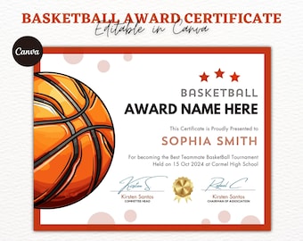 Editable Basketball Certificate Award Canva Template, Printable ...