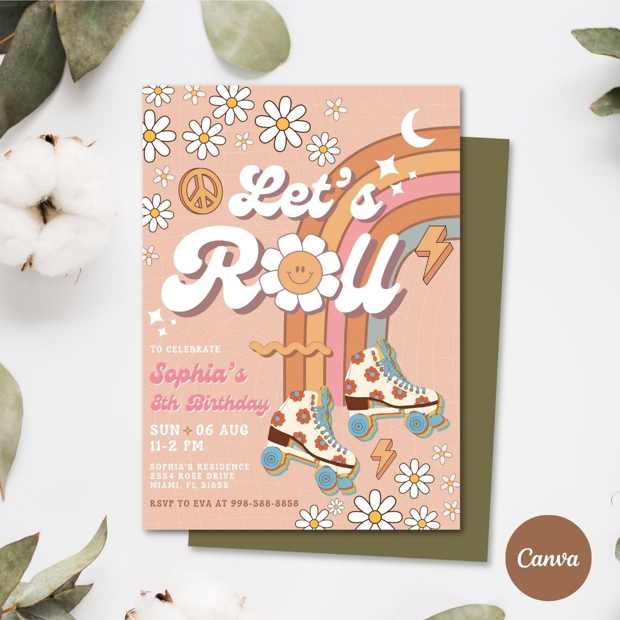 Editable ANY AGE Let's Roll Retro Groovy Roller Skate Birthday Party ...