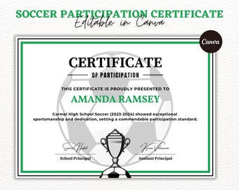 Editable Soccer Certificate Award Canva Template Printable Soccer End ...
