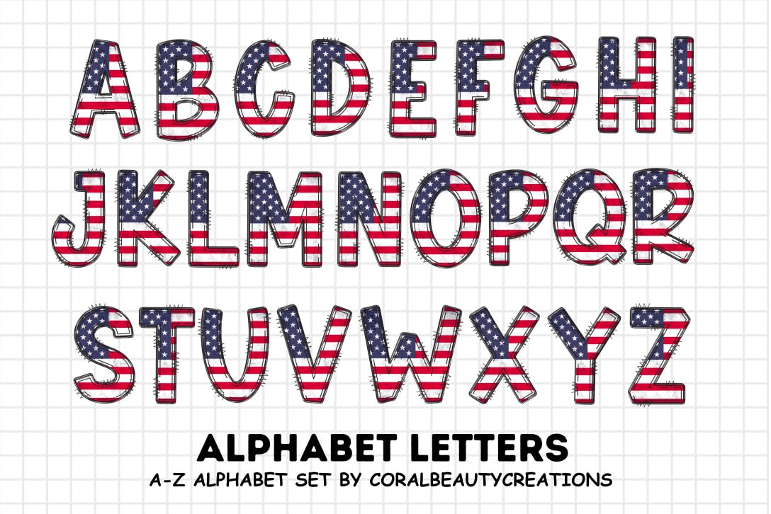USA Alphabet Letters PNG Bundle, Patriotic American Flag Doodle Letters ...