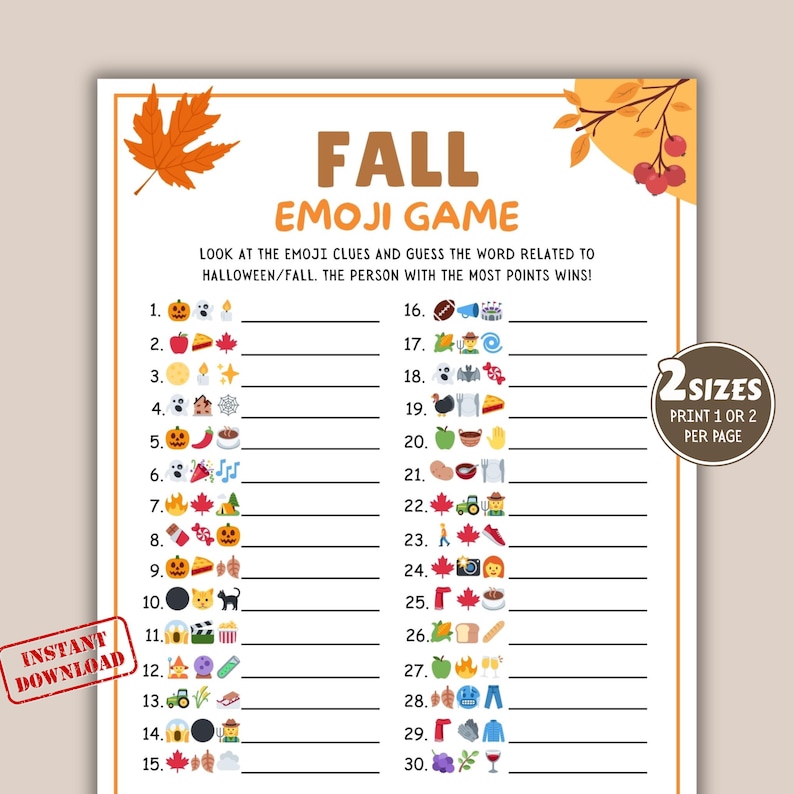 Fall Emoji Game, Autumn Emoji Pictionary, Autumn Emoji Game, Printable ...