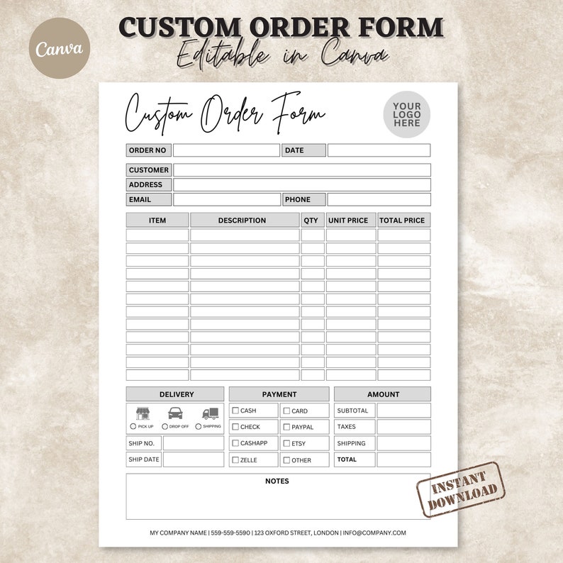 Invoice Editable Template, Printable Order Form Invoice, Premade Colors ...