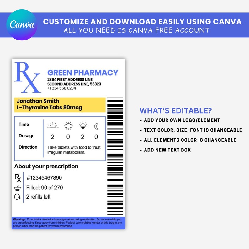 Prescription Label Template, Editable RX Bottle Label Template, Party ...