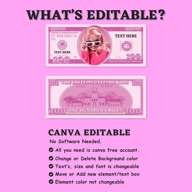 Pink 100 Dollar Bill Template, Custom Game Party Play Money, Add Your ...