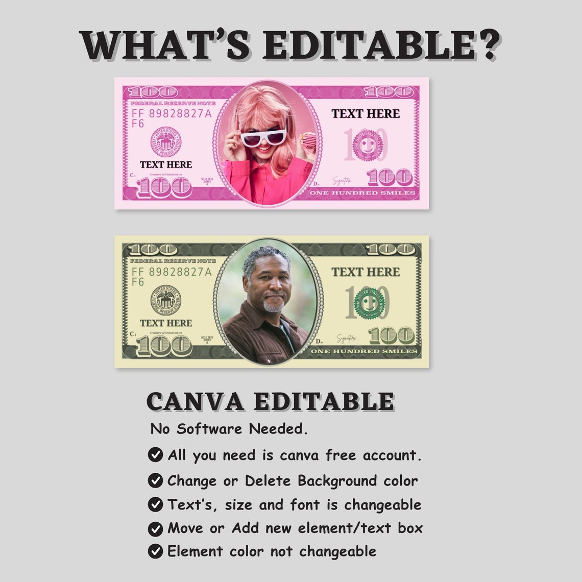 100 Dollar Bill Template, Custom Game Party Play Money, Add Your Text ...