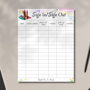 Crayons Sign in / Sign Out Sheet, Daycare Sign in Sheet, Preschool ...