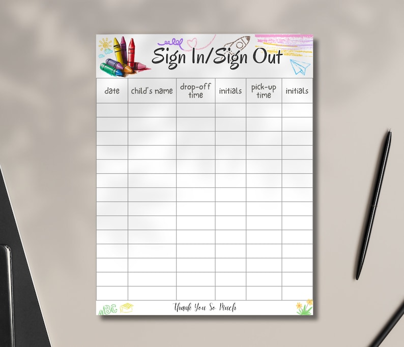 Crayons Sign in / Sign Out Sheet, Daycare Sign in Sheet, Preschool ...