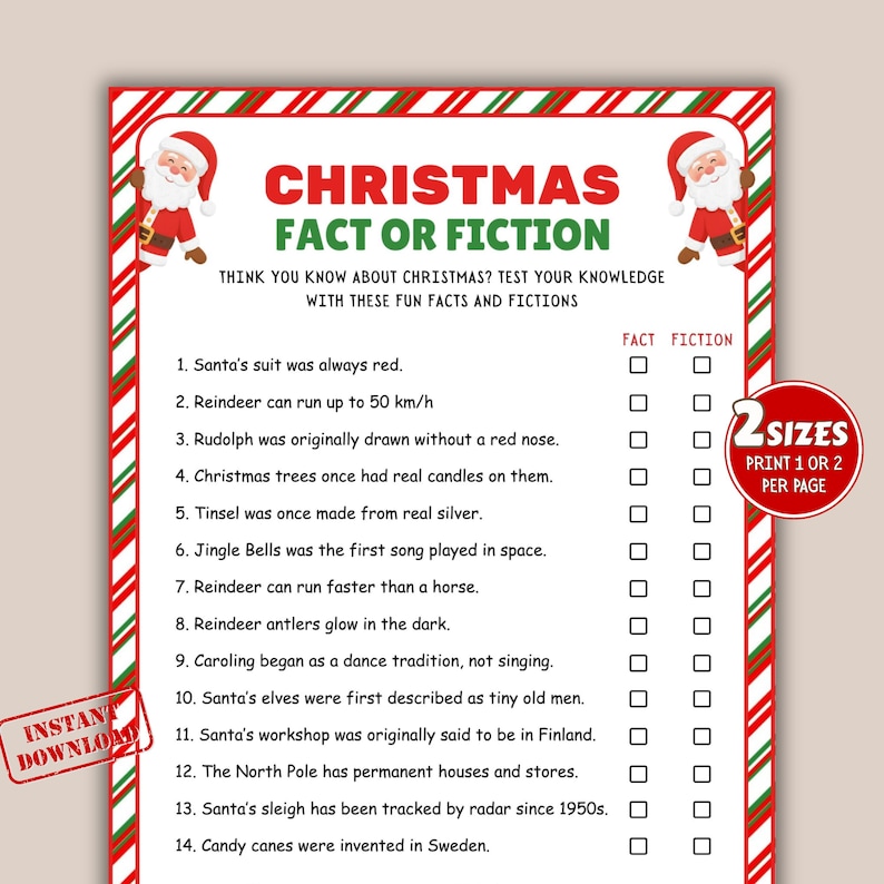Christmas Fact or Fiction Game, Holiday Party Game, Christmas Gathering ...