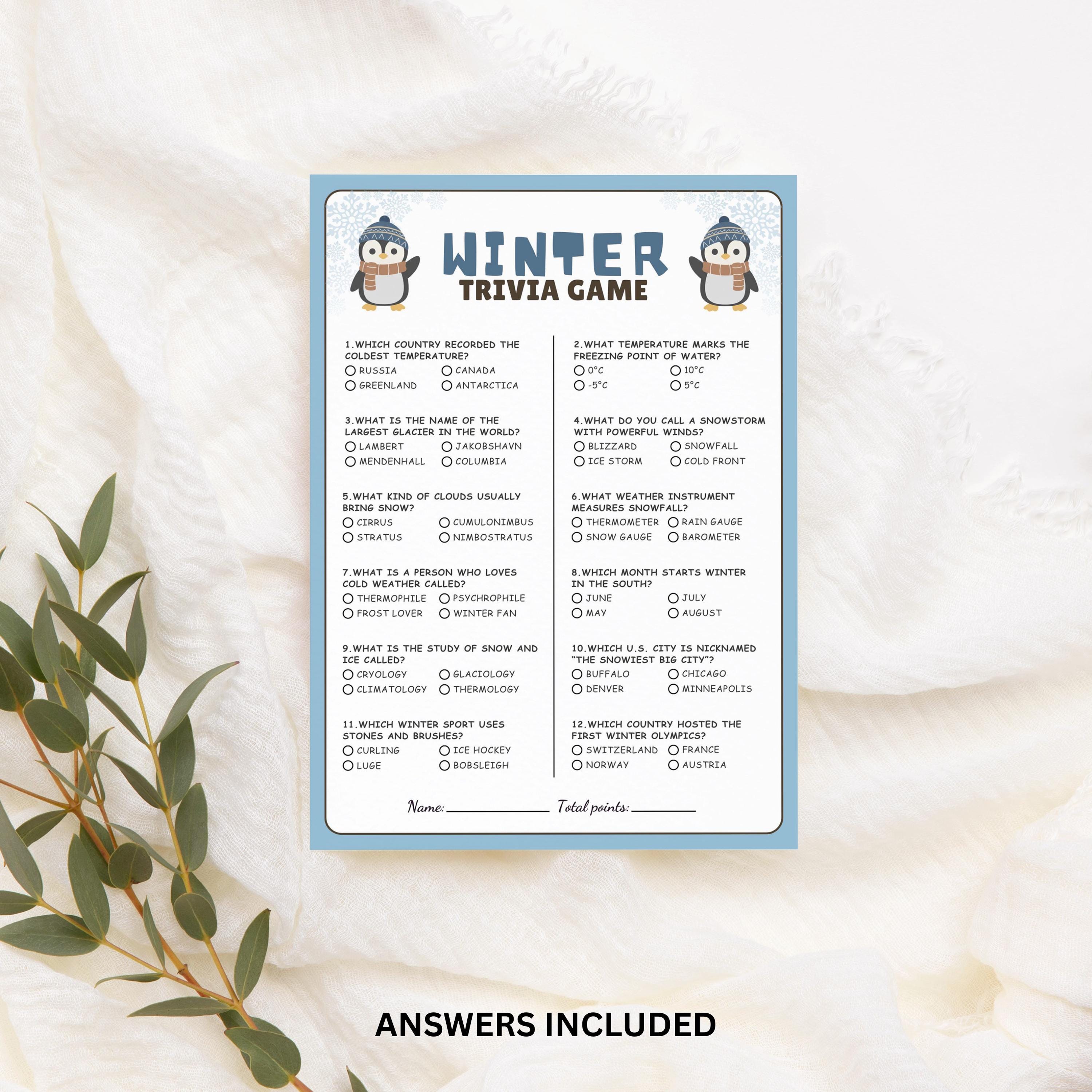 Winter Trivia Game, Printable Winter Games, Winter Game for Adults ...