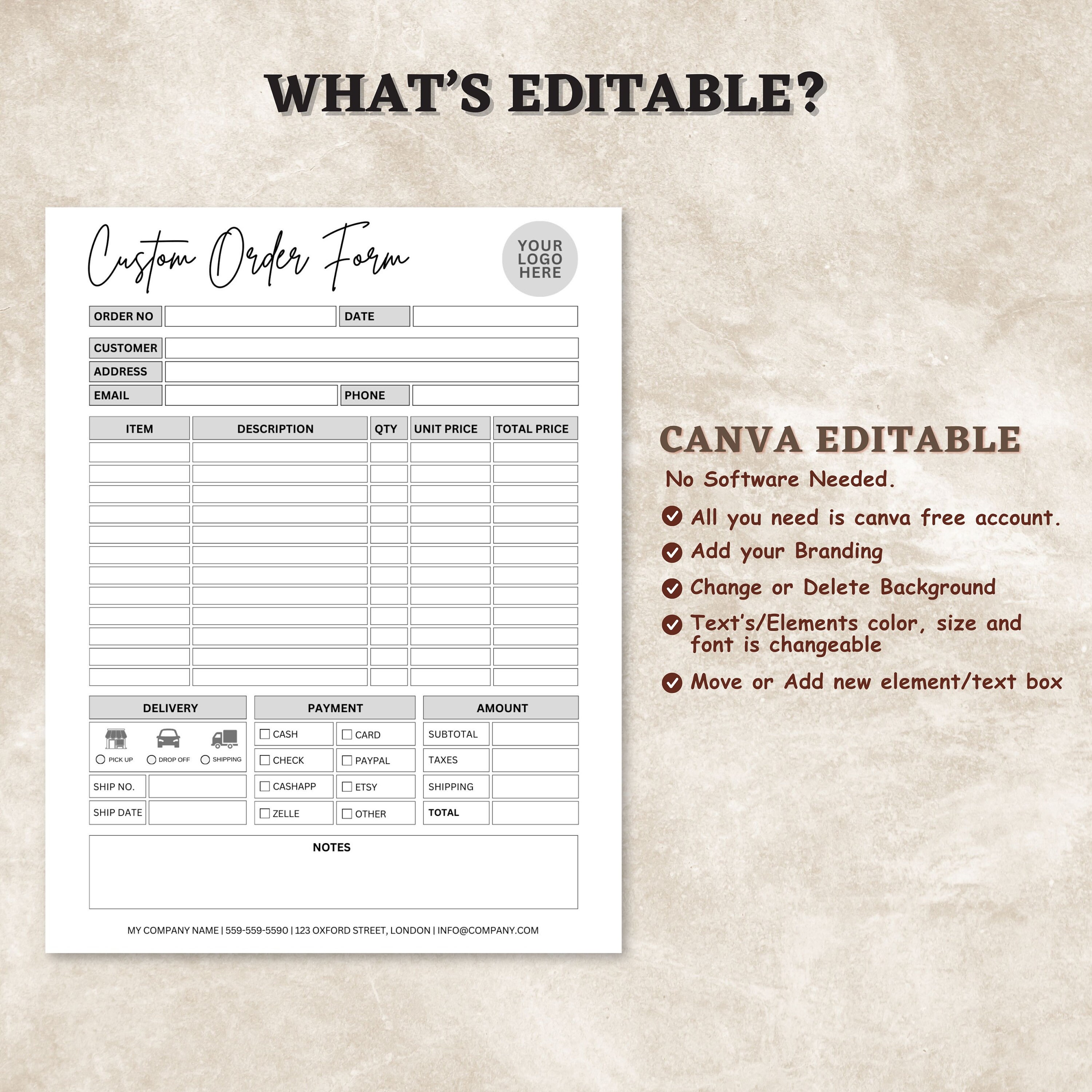 Invoice Editable Template, Printable Order Form Invoice, Premade Colors ...