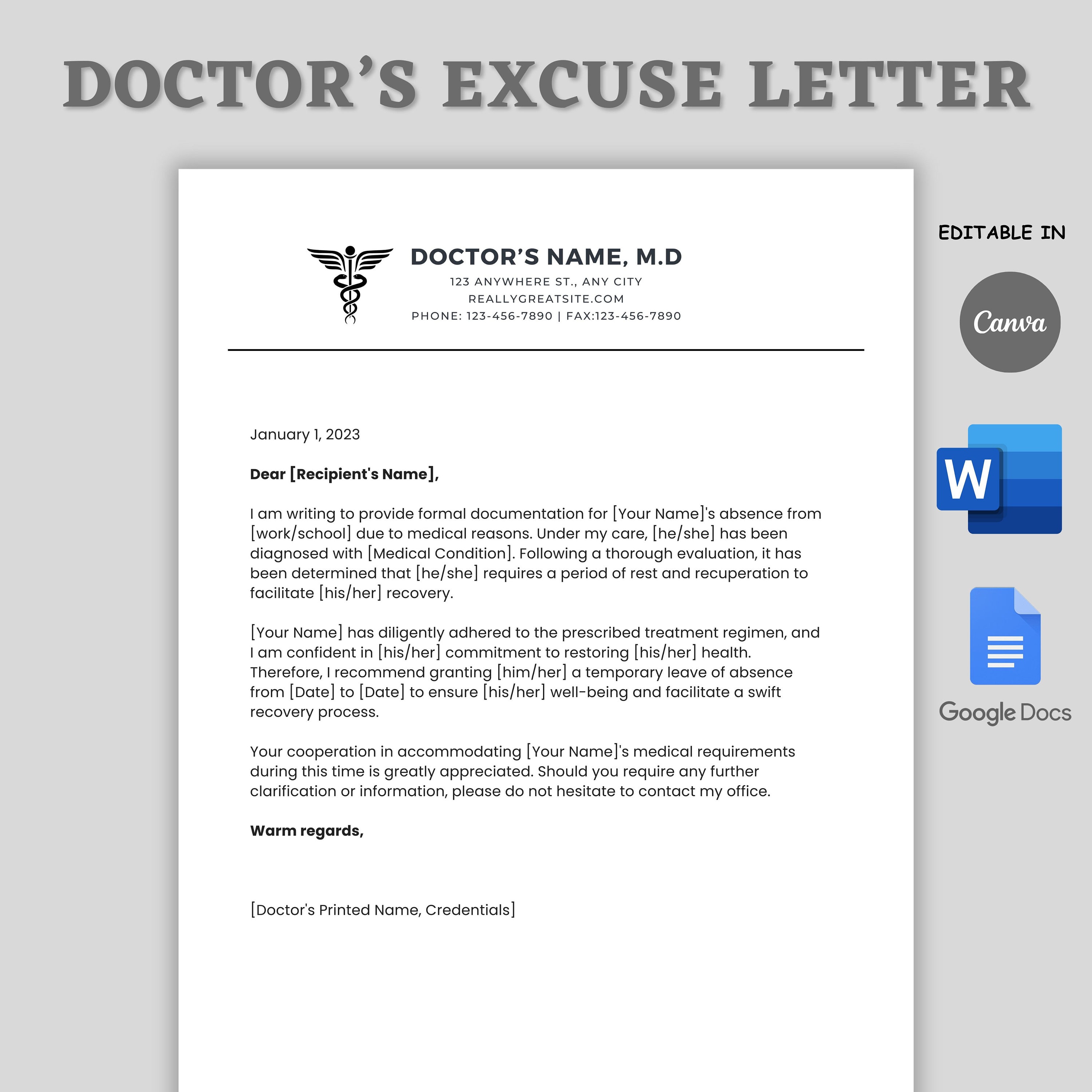 Doctor's Note Template Doctor's Excuse Letter Doctor Excuse Work School ...