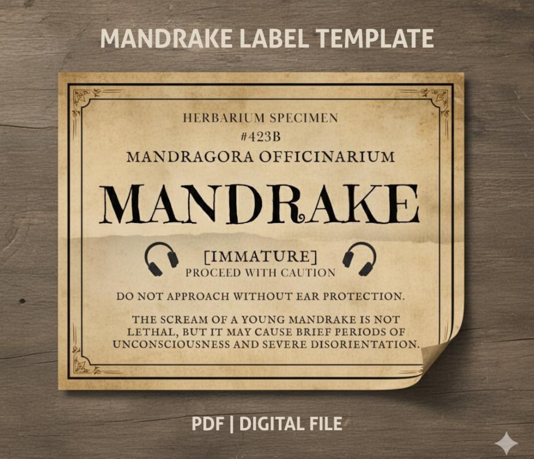 Buy Mandrake Label Template, Realistic Wizard Herbology Sticker Prop ...