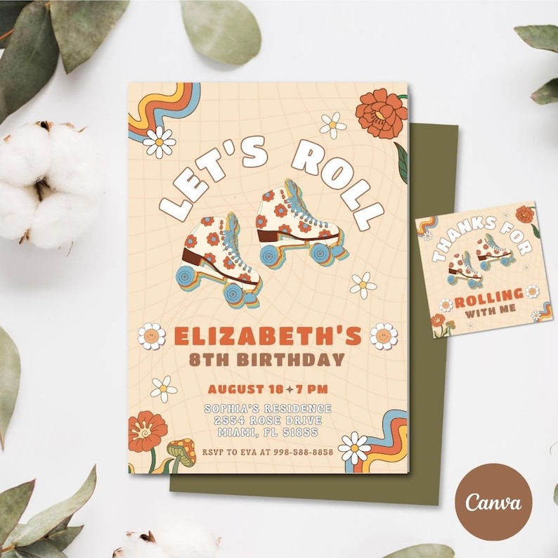 Editable ANY AGE Let's Roll Retro Groovy Roller Skate Birthday Party ...