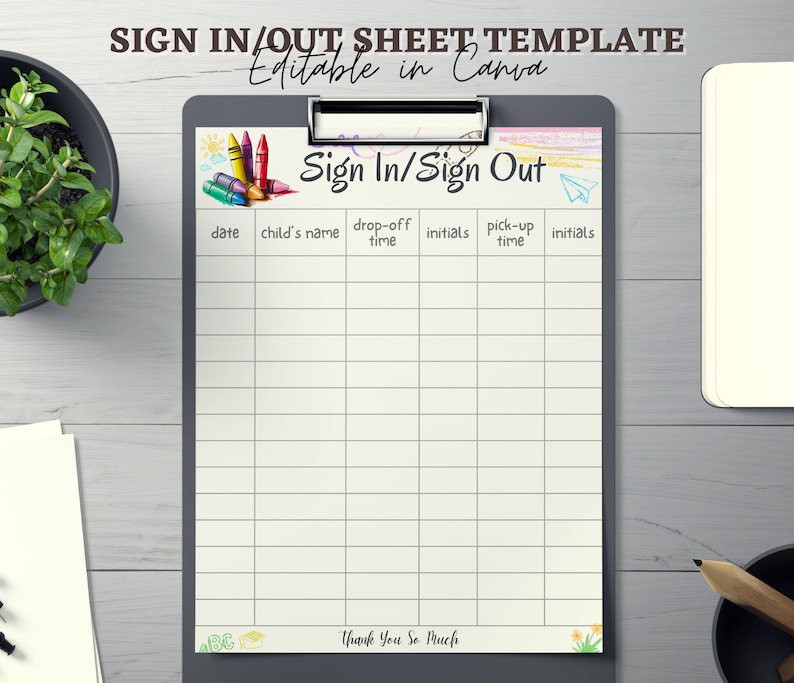 Crayons Sign in / Sign Out Sheet, Daycare Sign in Sheet, Preschool ...