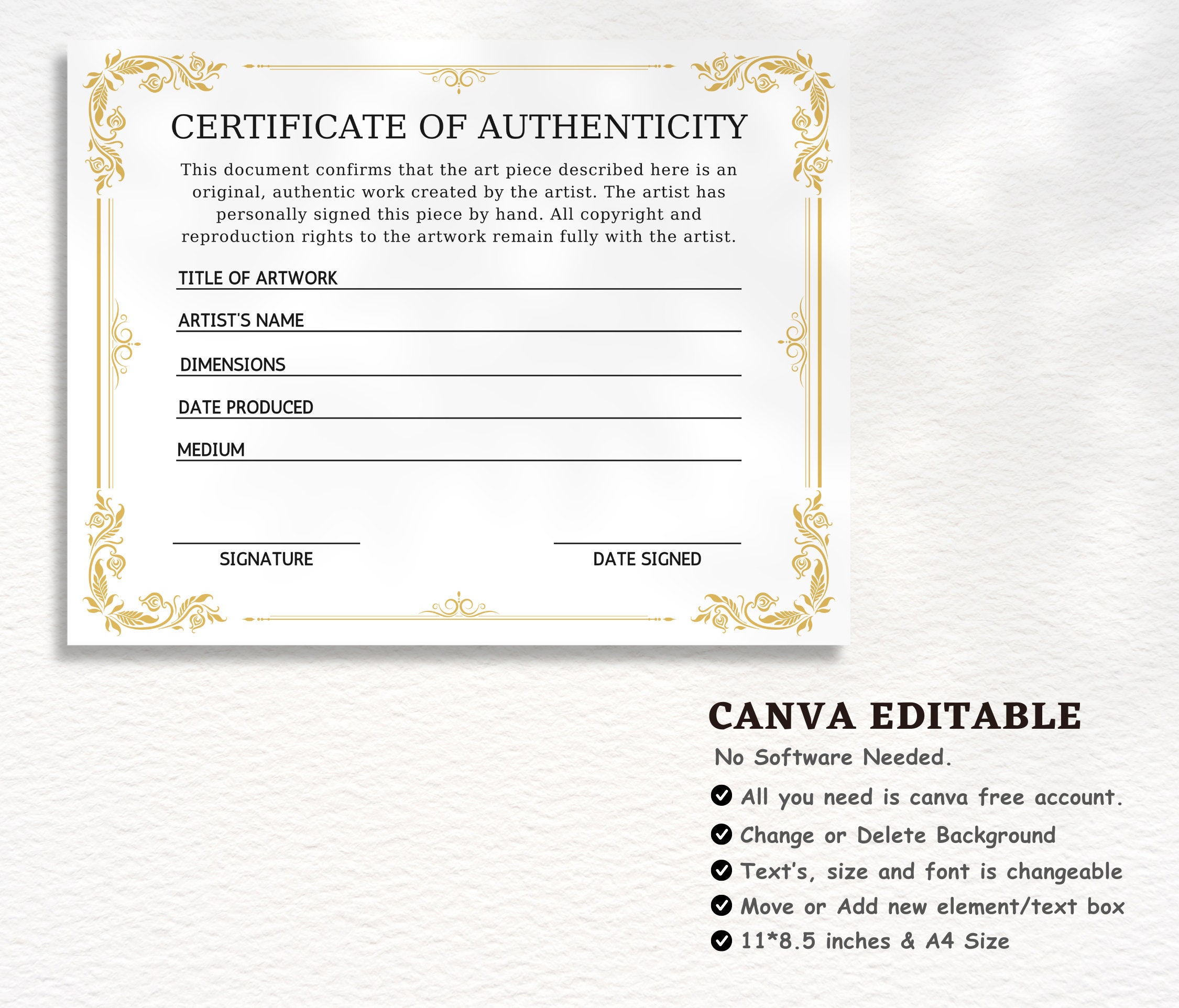 Editable Certificate of Authenticity for Artwork Template, Printable ...