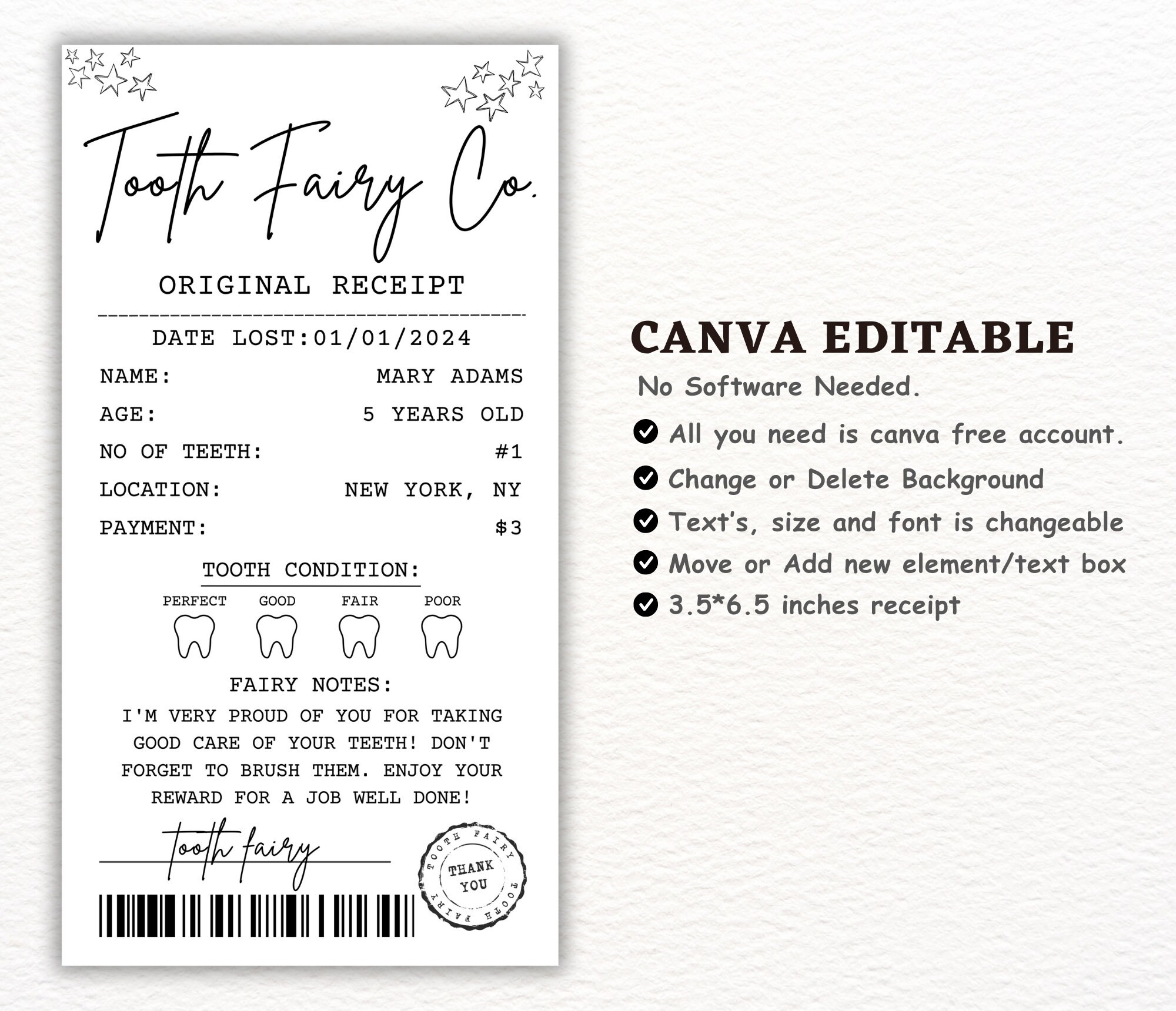 Editable Tooth Fairy Receipt Printable Certificate First Tooth Lost ...