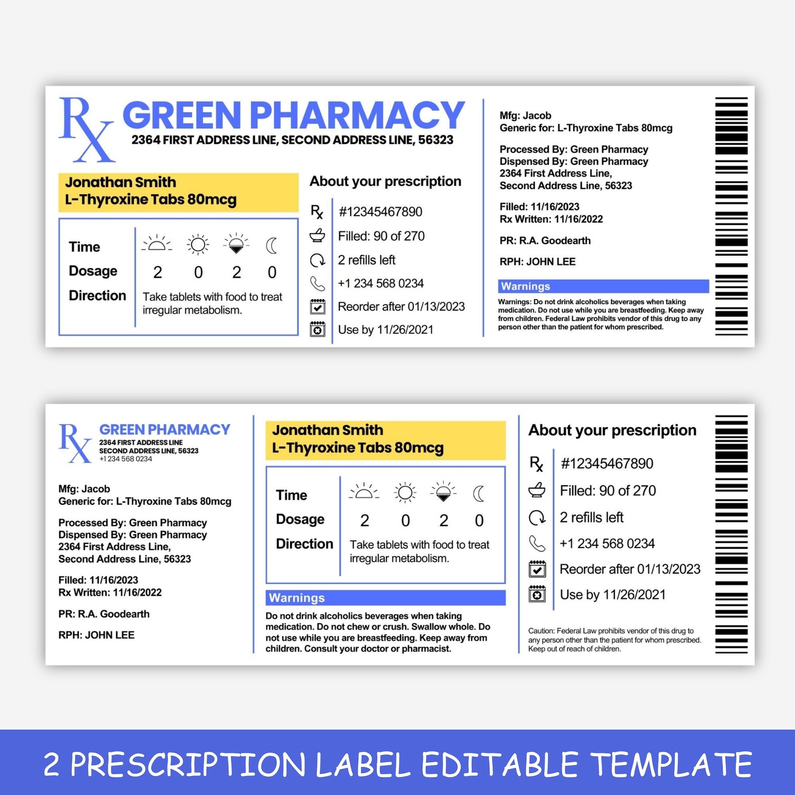 Editable Prescription Label Template Printable Editable Horizontal RX ...