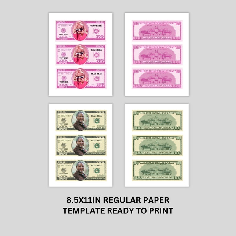 100 Dollar Bill Template Custom Game Party Play Money Add Your Text And Face On Money Editable