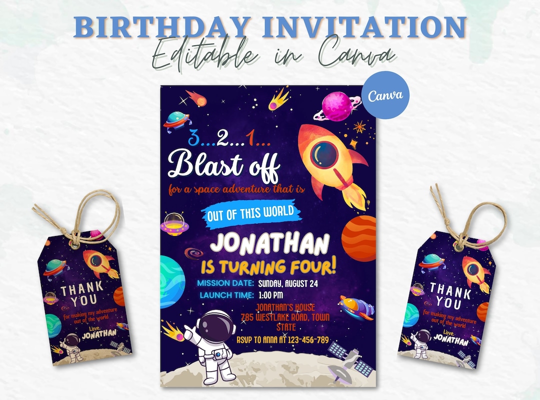 Outer Space Birthday Invitation Template, Planets Rocket Ship Astronaut ...