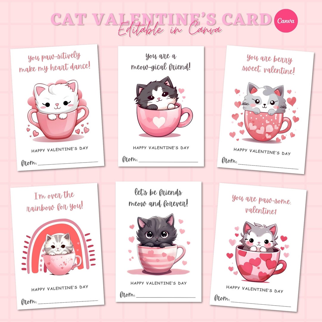 Printable Cat Valentine's Day Cards, Kittycorn Classroom Valentine's ...