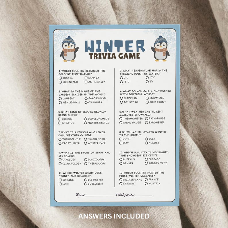 Winter Trivia Game, Printable Winter Games, Winter Game for Adults ...