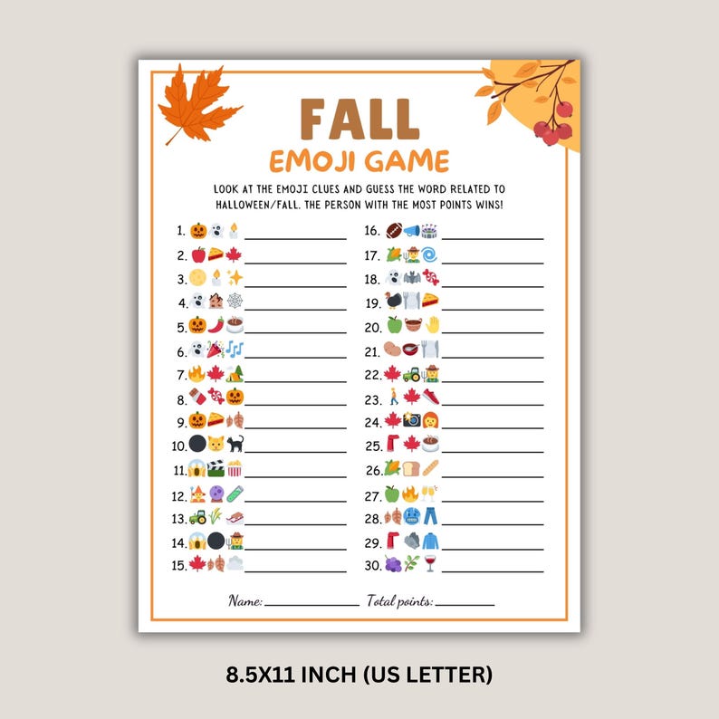 Fall Emoji Game, Autumn Emoji Pictionary, Autumn Emoji Game, Printable ...