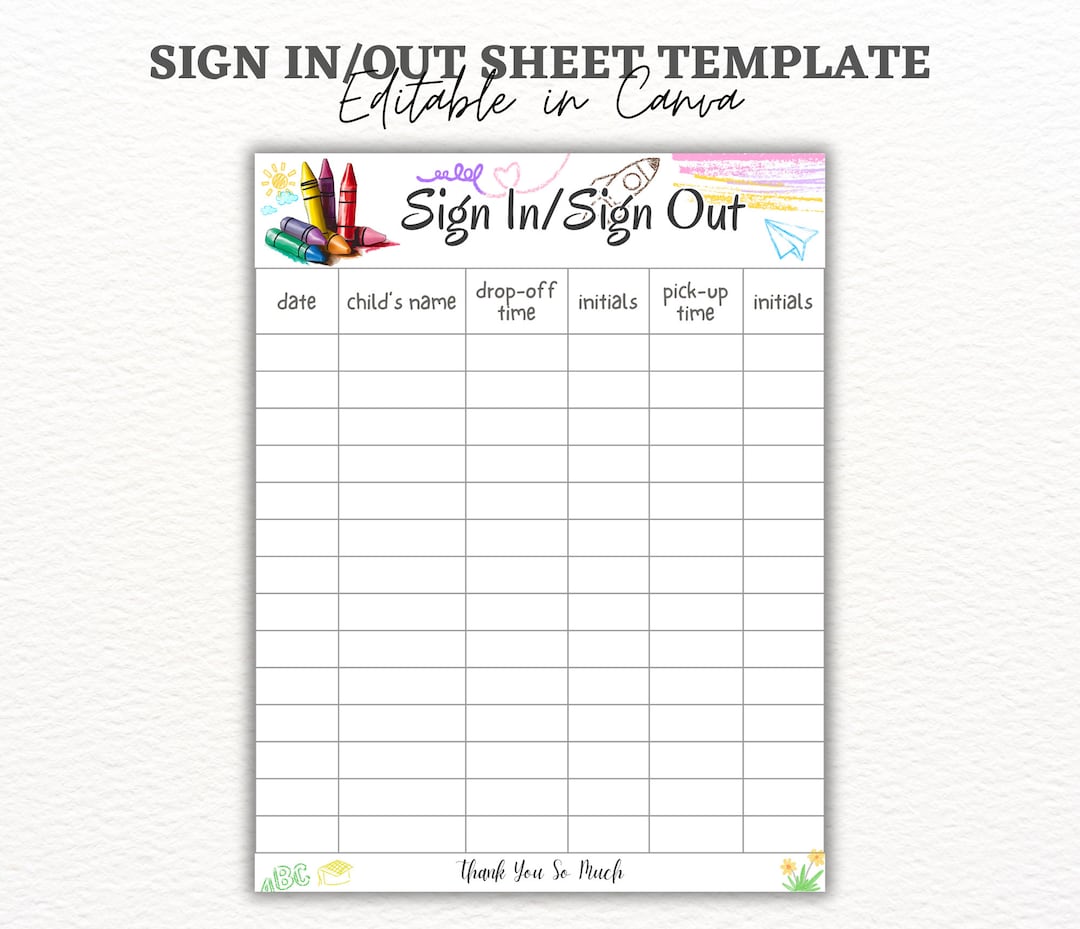 Crayons Sign in / Sign Out Sheet, Daycare Sign in Sheet, Preschool ...