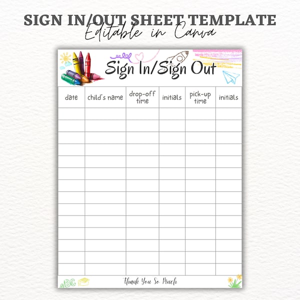 Daycare Monthly Sign in and Out, Student Name Print and Write, Sign in ...