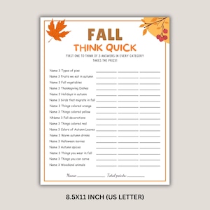 Fall Think Fast Game, Autumn Party Game, Autumn Game for Adults & Kids ...