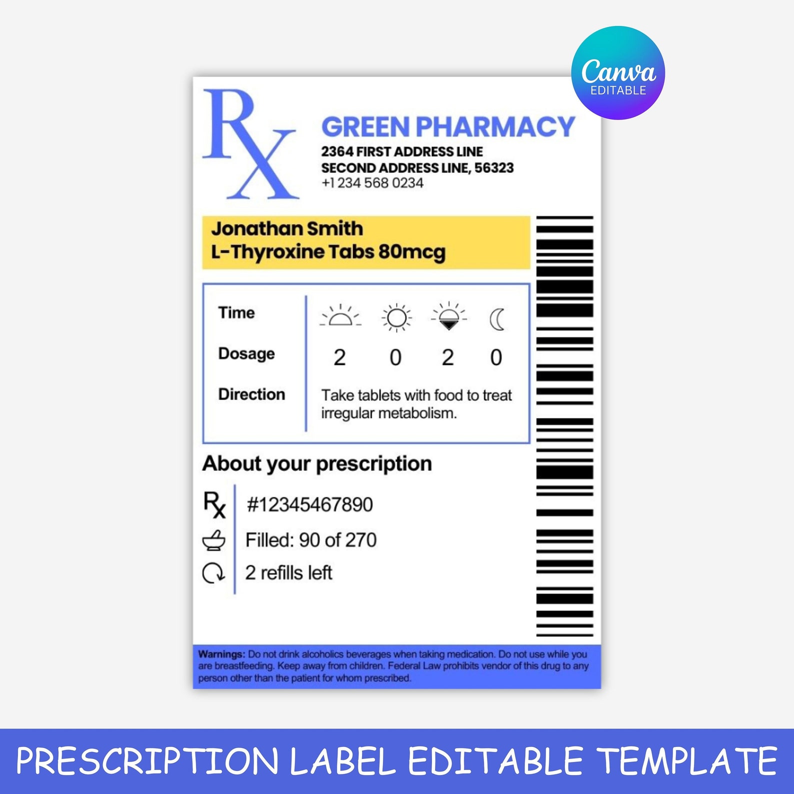 Prescription Label Template, Editable RX Bottle Label Template, Party ...