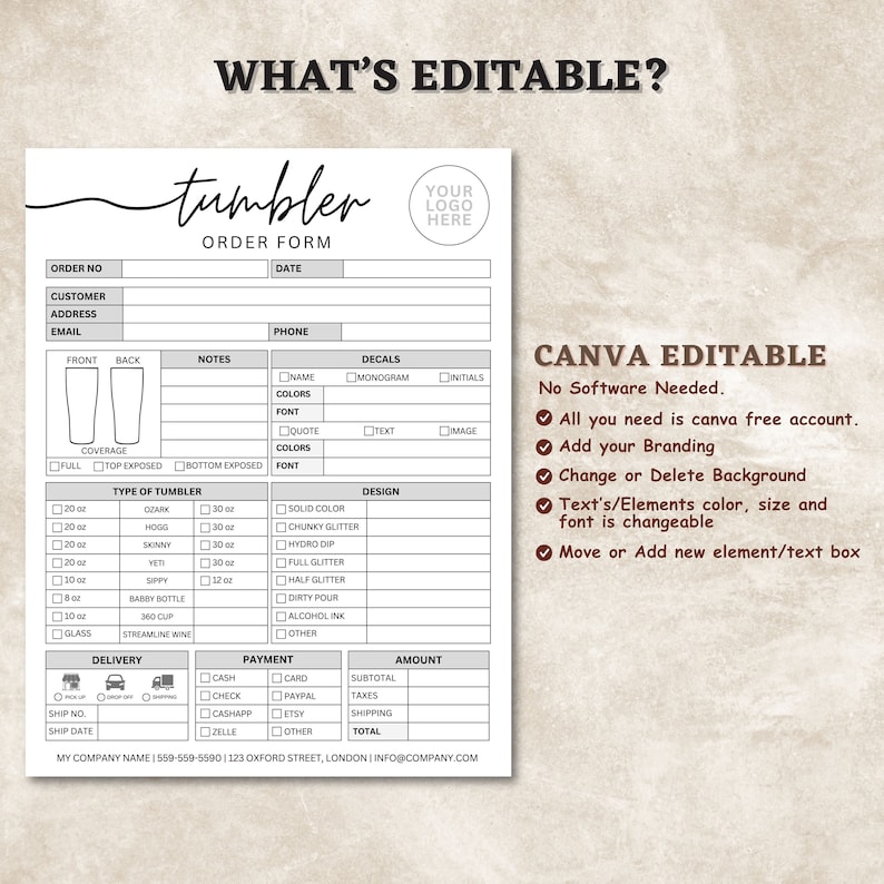 Editable Tumbler Order Form Template, Custom Tumbler Form, Printable ...