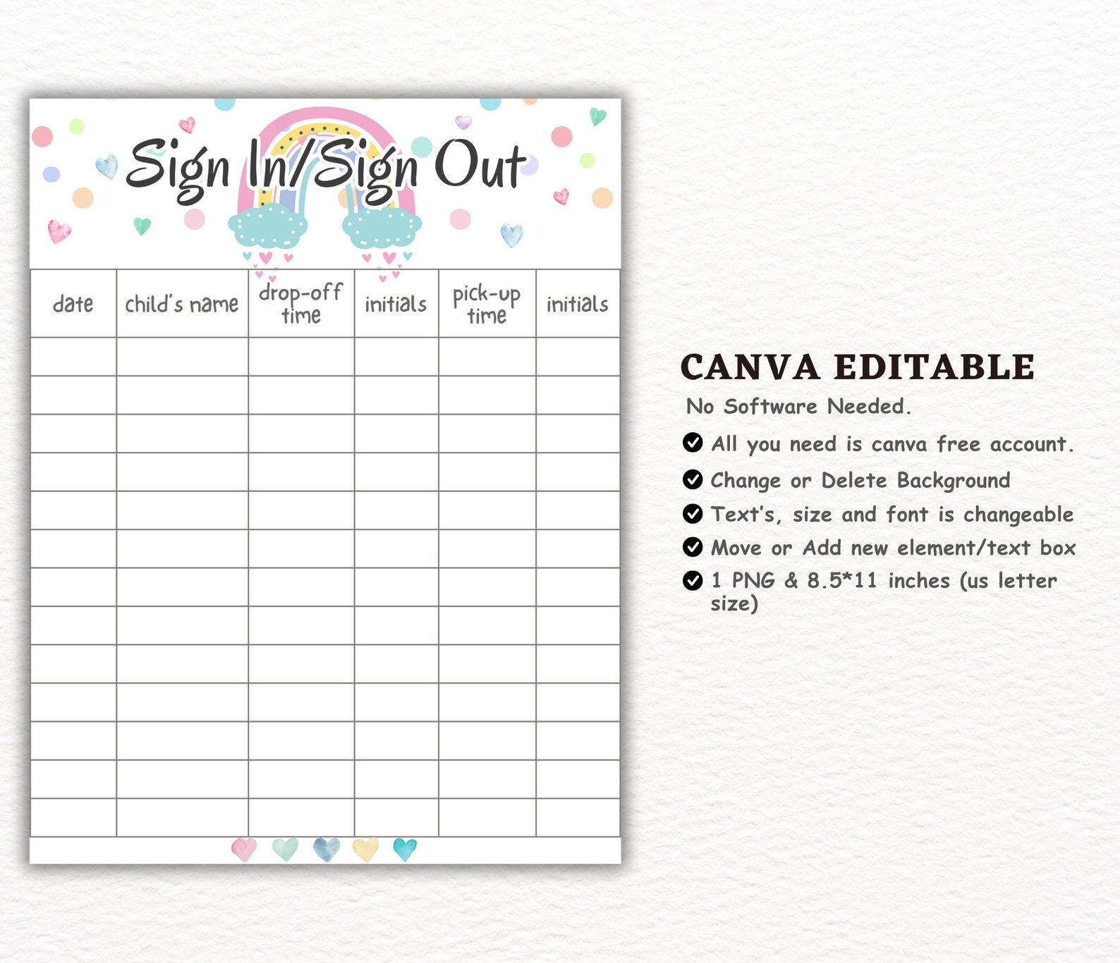 Boho Rainbow Sign in / Sign Out Sheet Daycare Sign in Sheet, Preschool ...