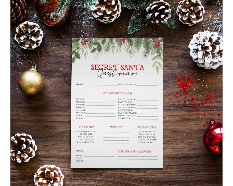 Secret Sister Survey Template, Holiday Wish List Form, Santa Gift ...