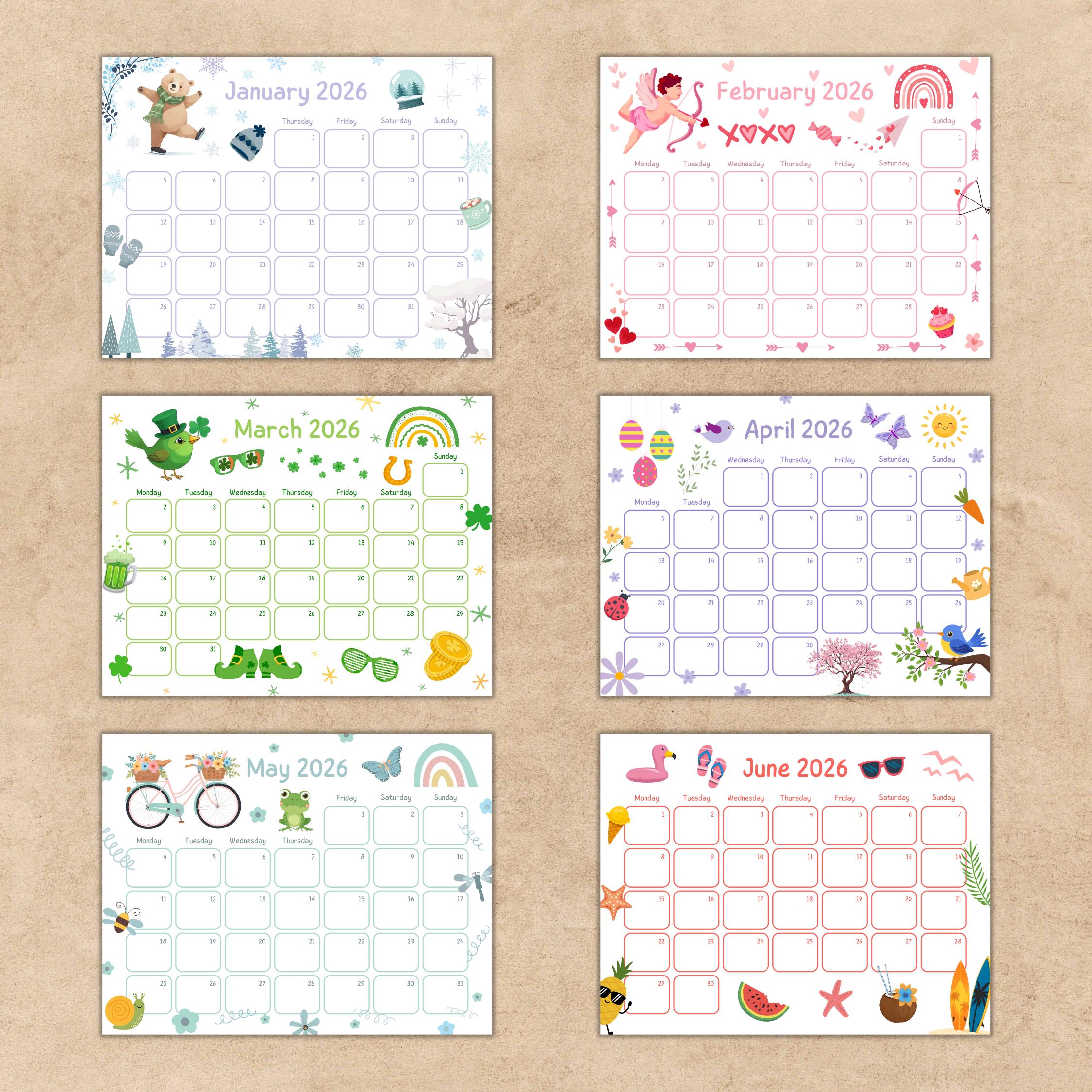 2026 Calendar Printable, Cute Kids Calendar 2026, Kids' Monthly Planner ...