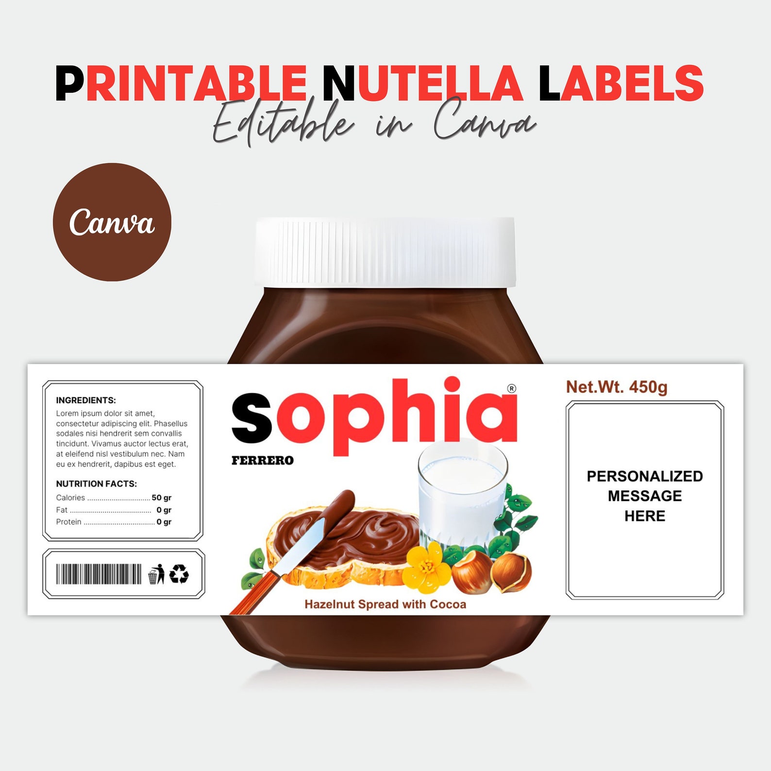 Personalized PRINTABLE NUTELLA Jar Label Digital File, Printable ...