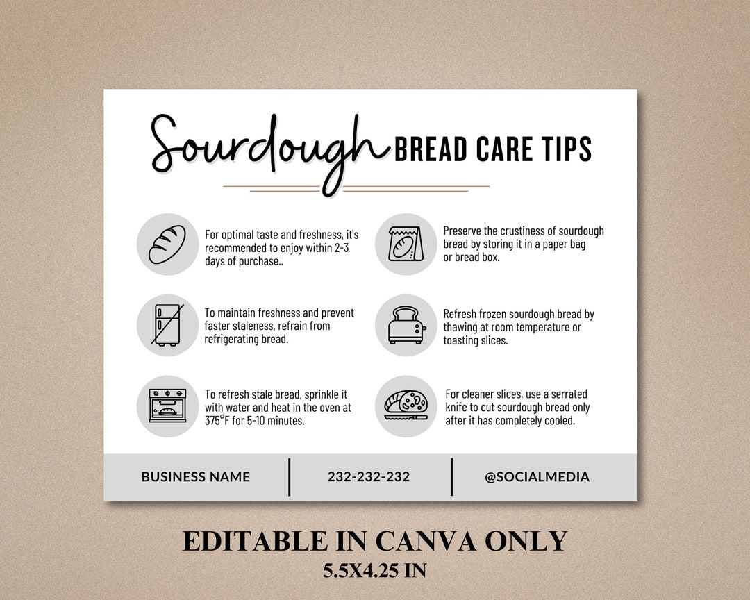 Sourdough Care Card | Bread Care Instructions | Bread Care Card Template | Package Insert ...