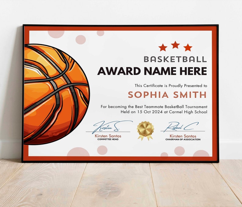 Basketball Award Certificate Editable Canva Template, Printable Award ...