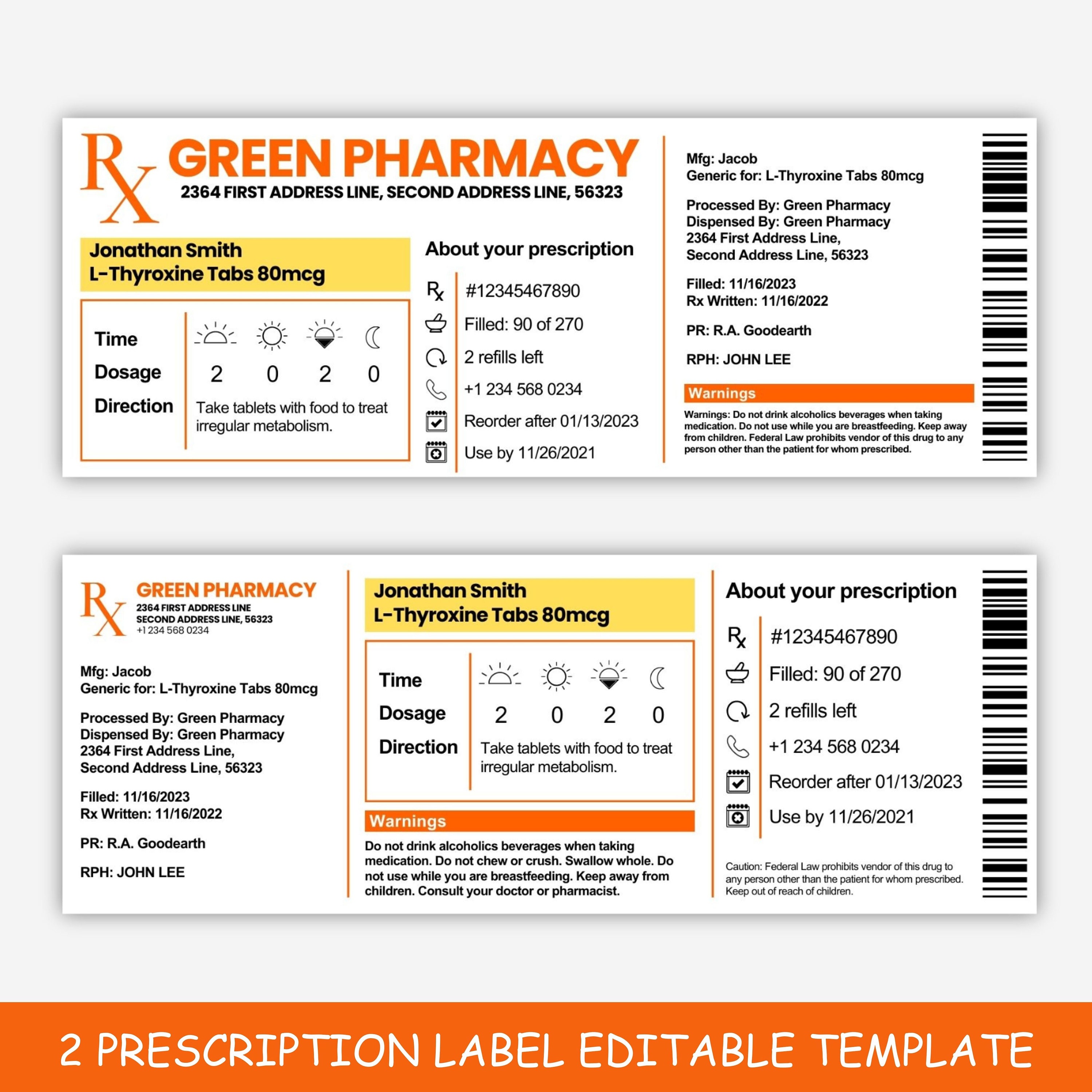 Editable Prescription Label Template - Printable Editable Horizontal RX ...